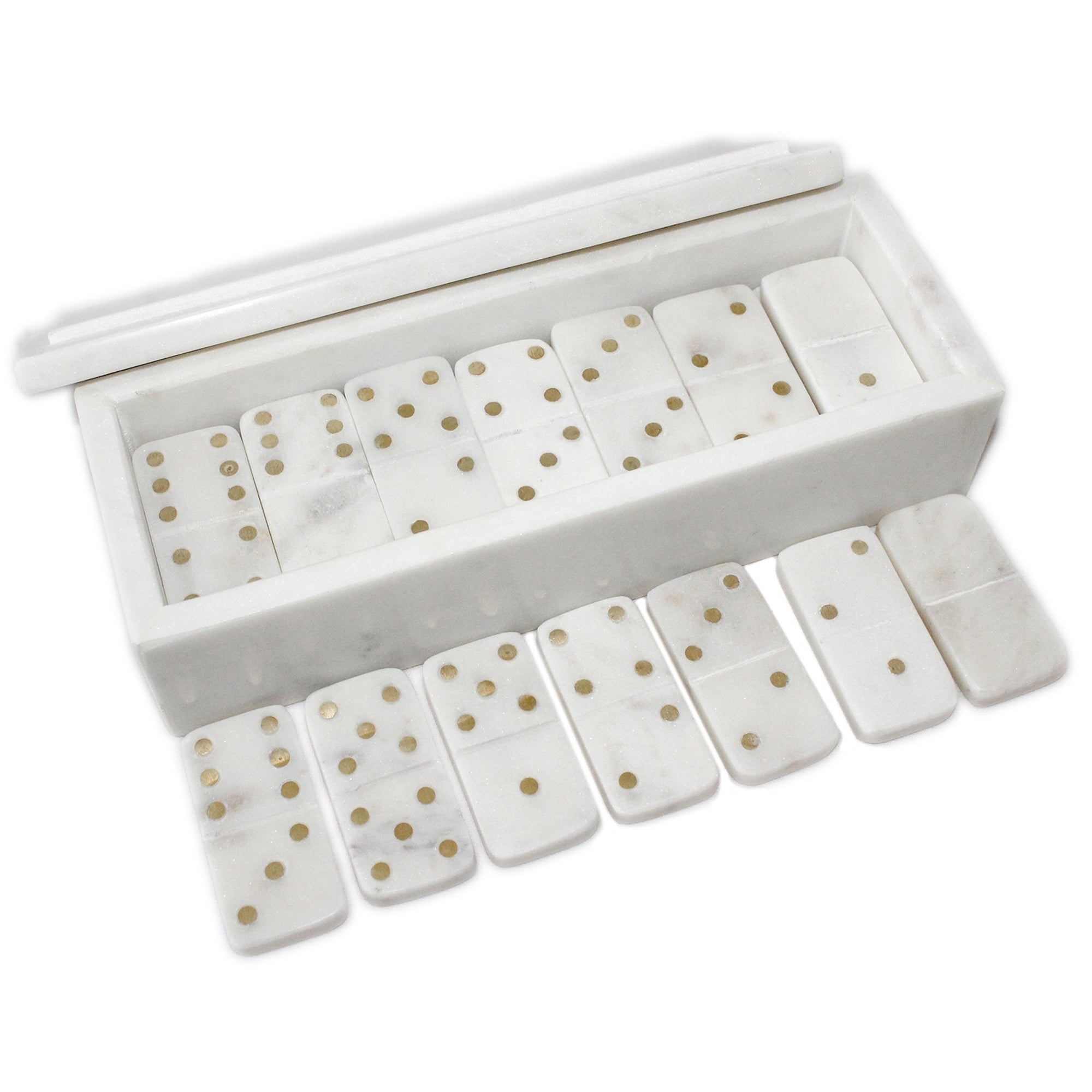 White Marble Dominoes Set w/ Brass Inlay
