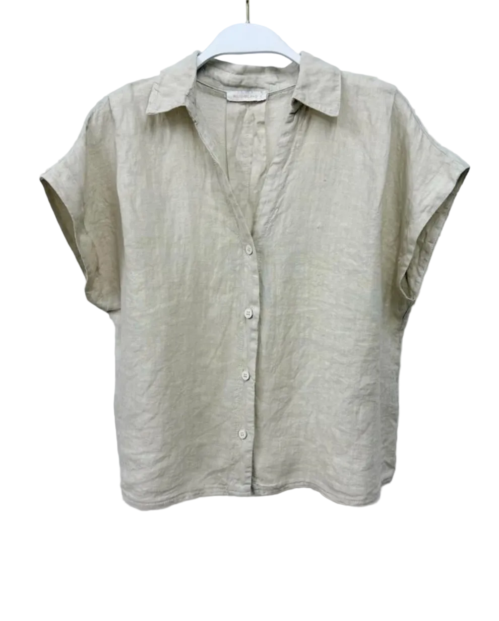 Linen Cap Sleeve Shirt-Beige